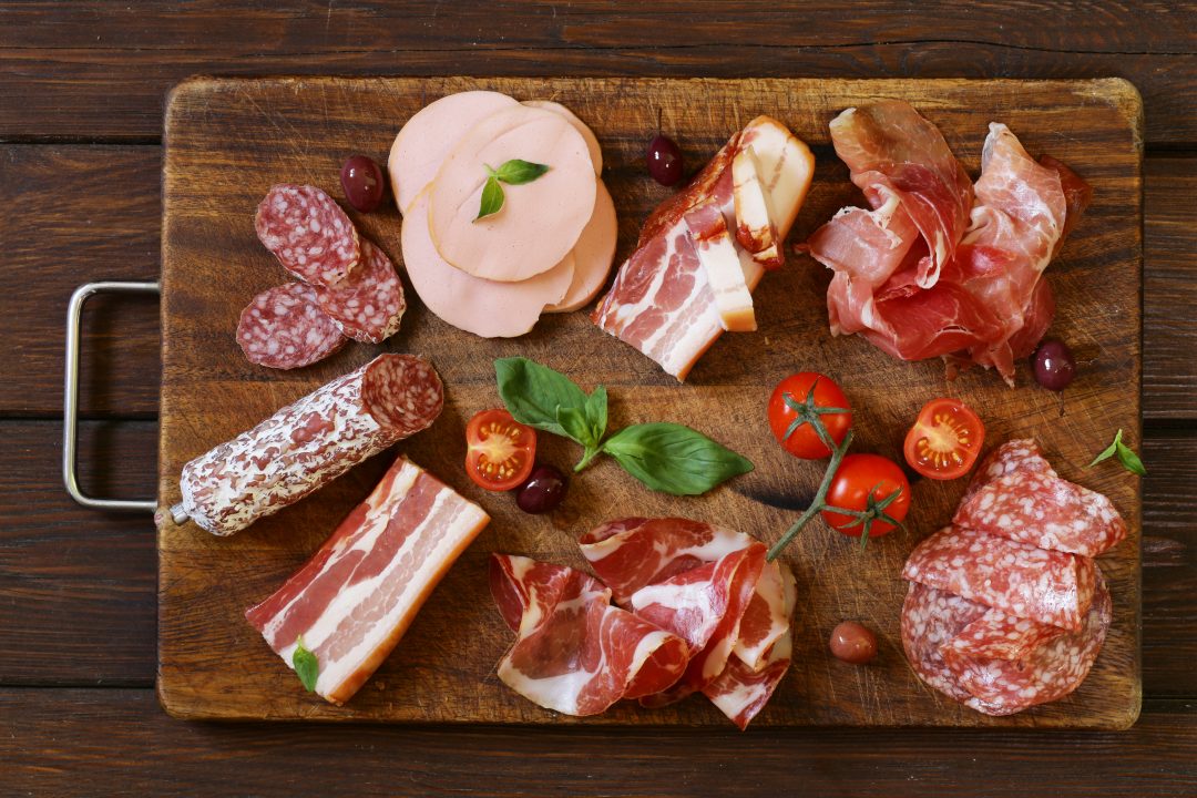 Assorted deli meats – ham, sausage, salami, parma, prosciutto, b ...