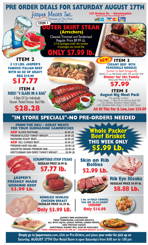 Pre Order & In Store Specials For Saturday August 27th | Jasper Meats