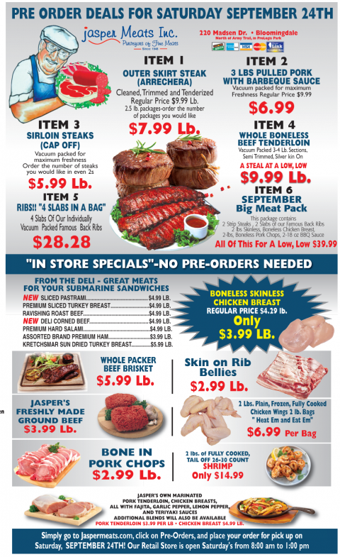 Pre Order & In Store Specials For Saturday Sept. 24TH | Jasper Meats