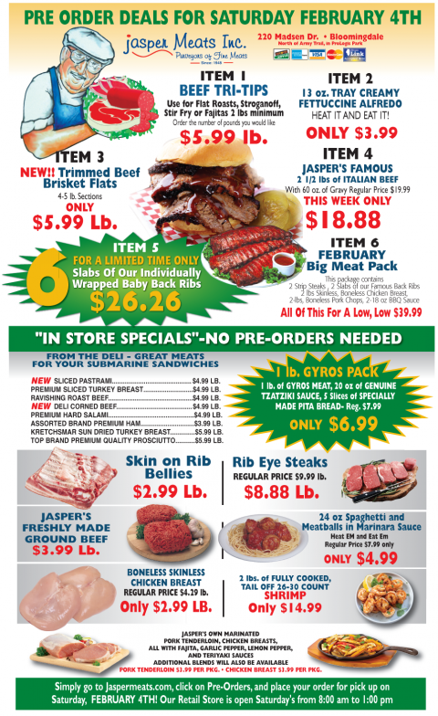 Pre Order & In Store Specials For Saturday Feb. 4th | Jasper Meats